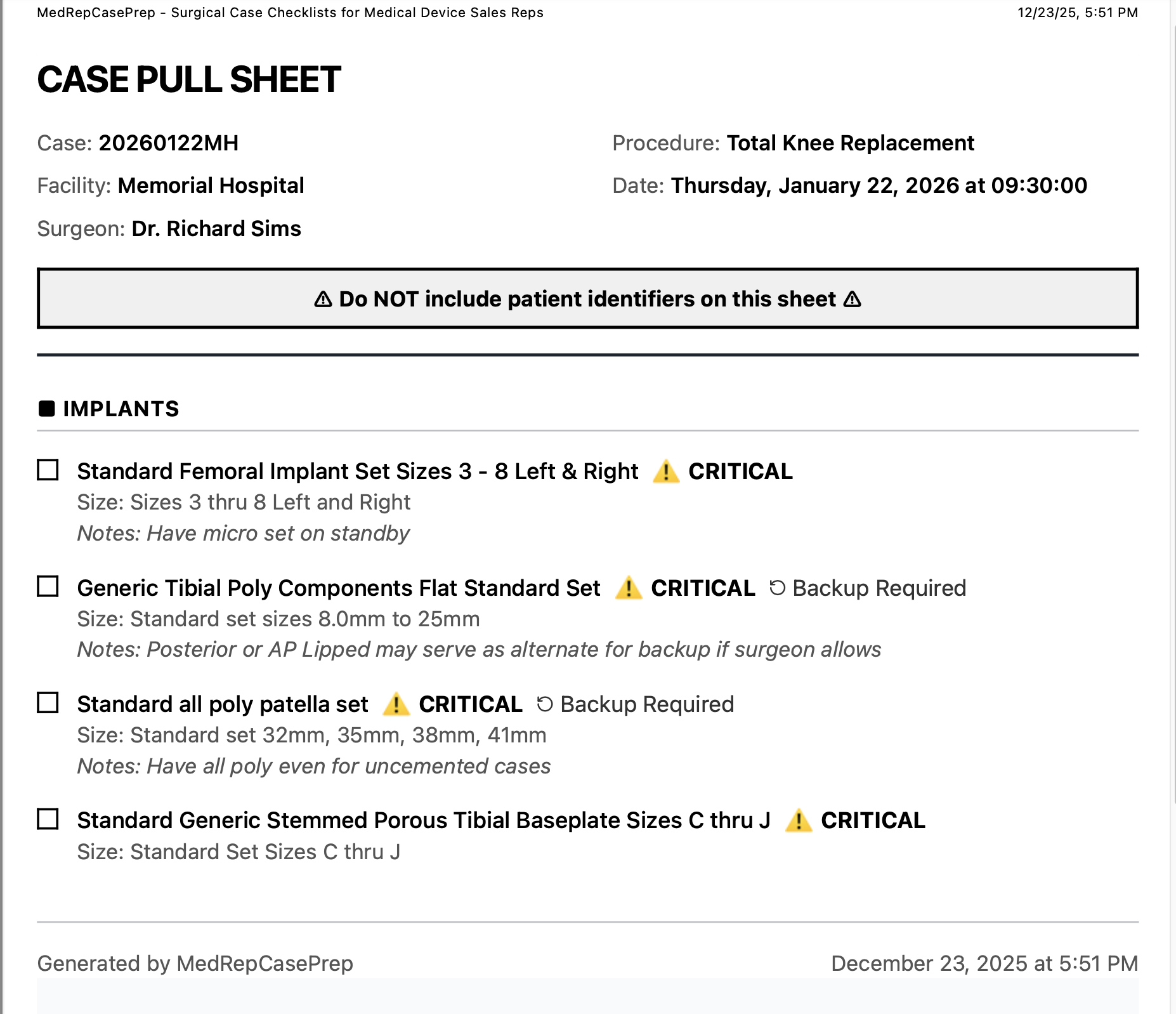 MedRepCasePrep - Surgical Case Checklists for Medical Device Sales Reps